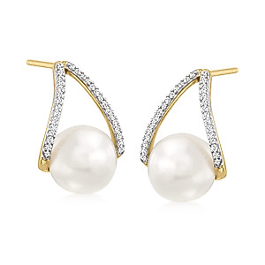 Ross-Simons 8-8.5mm Cultured Pearl and .12 ct. t.w. Diamond Drop Earrings in 14kt Yellow Gold