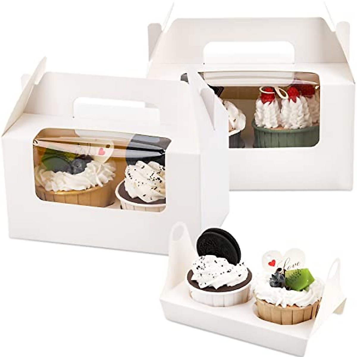 Jucoan 60 Pack White Cupcake Boxes with Insert, Handle and Window Hold 2 Standard Cupcakes, Kraft Paper Cupcake Container, Portable Cupcake Holder, Bakery Pastry Container for Cupcake, Muffins