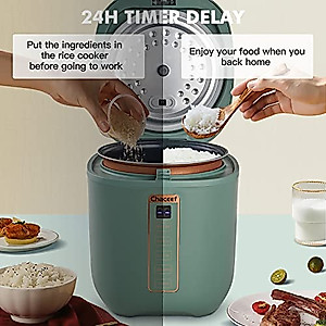CHACEEF Mini Rice Cooker 2-Cups Uncooked, 1.2L Portable Non-Stick Small Travel Rice Cooker, Smart Control Multifunction Cooker with 24 Hours Timer Delay & Keep Warm Function, Food Steamer, Green
