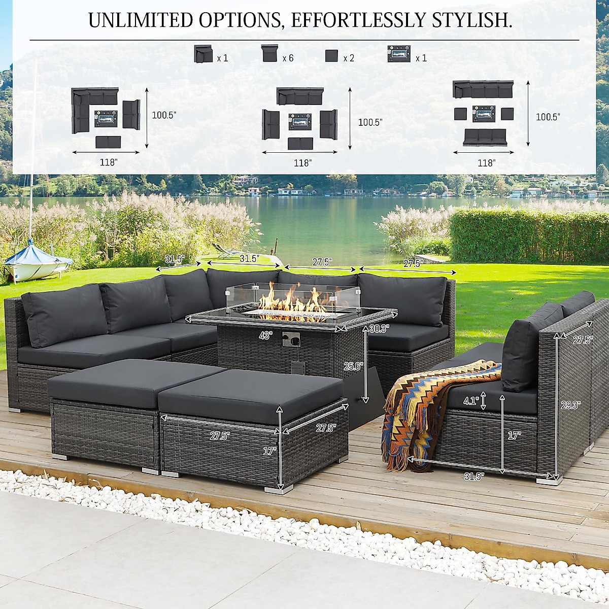 BULEXYARD Grey PE Wicker Patio Furniture Sectional Conversation Sofa Set with 43" Propane/Natural Gas Fire Pit Table, Large Size High Back Outdoor Furniture Set with Fireplace(10Pcs, Dark Grey)