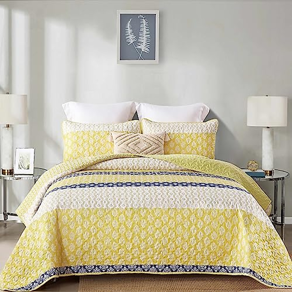 Boho Quilt Set Queen Size Yellow Bohemian Quilt Bedding Set Striped Lightweight Summer Bedspread Coverlet Bedding Set 96"x90" (3 Pieces)