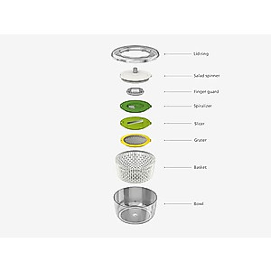 Joseph Joseph Multi-Prep 4-Piece Salad Making Set, Multi-Color, Salad Spinner, Spiral Cutter, Slicer and Grater, Compact Storage