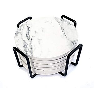 Coasters for Drinks, 6 Ceramic Marble Print Stone Coasters with Premium Black Holder (Off White)