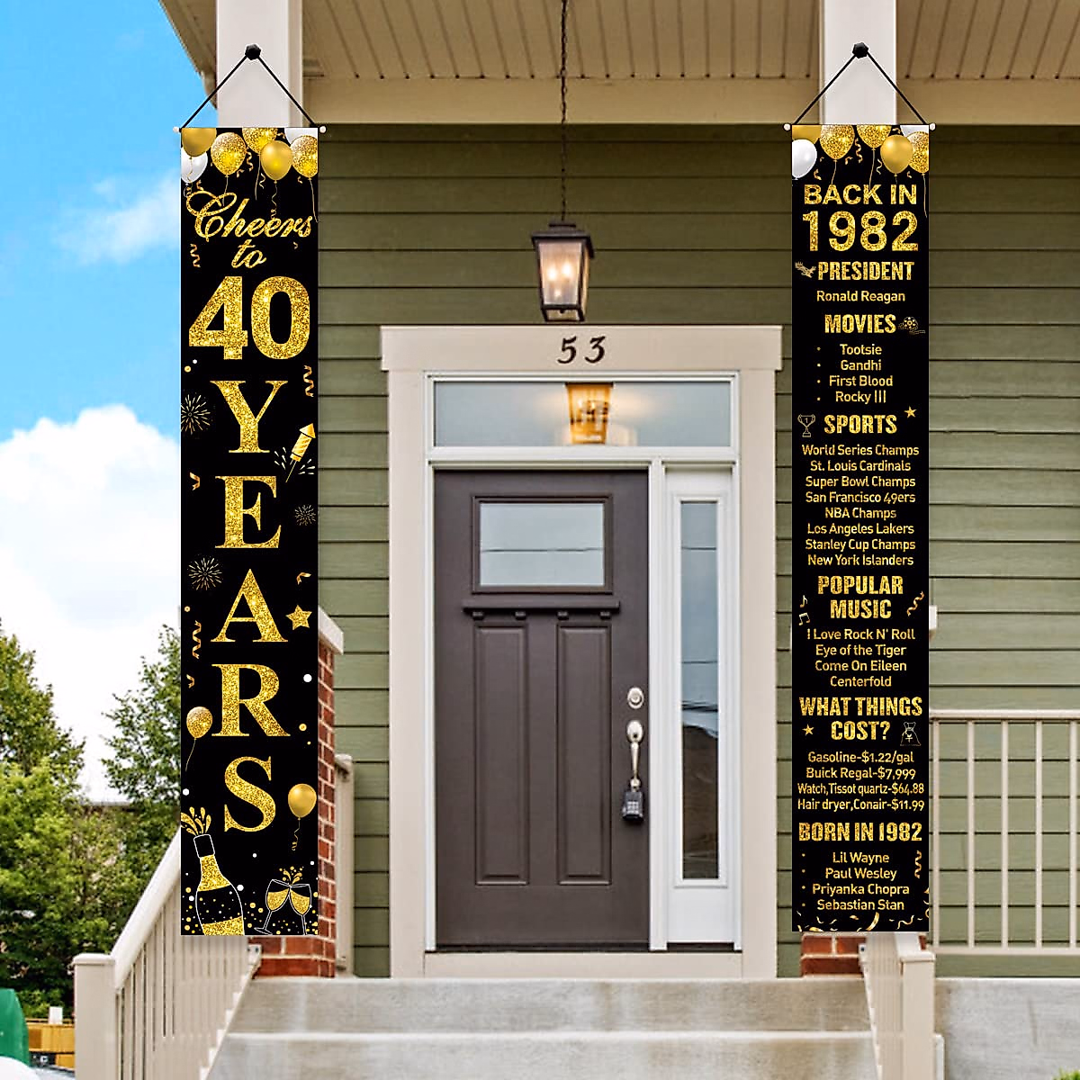 40th Birthday Door Banner Decorations for Women Men, 2Pcs Black Gold Cheers to 40 Years Back in 1982 Backdrop Party Supplies, Happy 40 Year Old Birthday Door Porch Decor Sign
