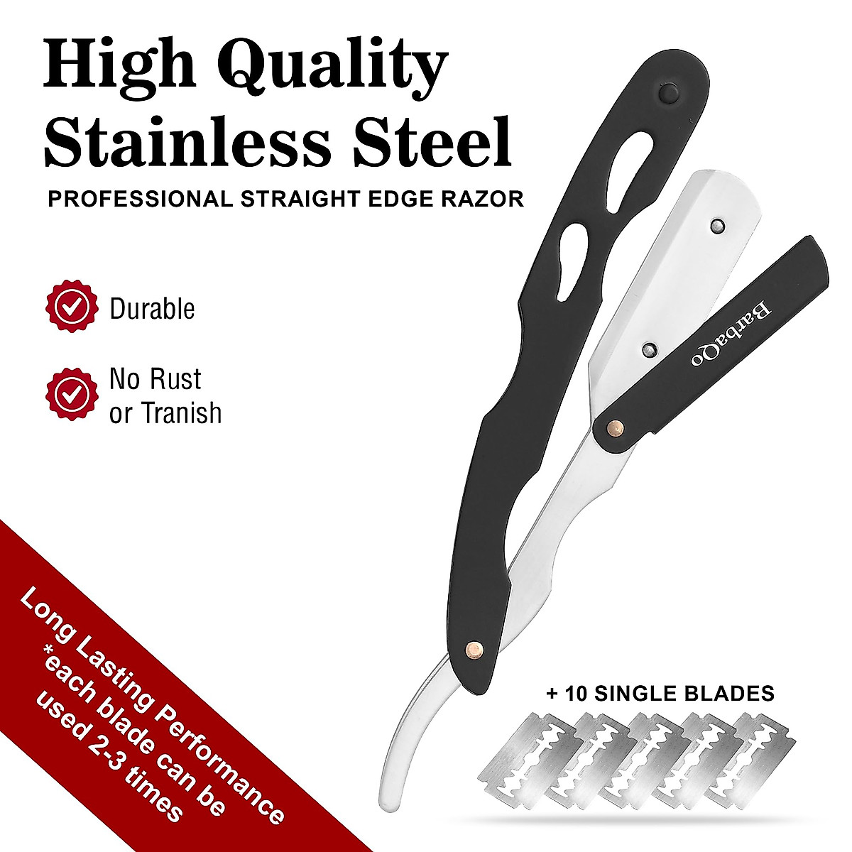 Straight Razor - Straight Razors for Men, BarbaQo Professional Barber Razor with 10 Sinlge Blades, 100% Stainless Steel Straight Razor for Close Shaving