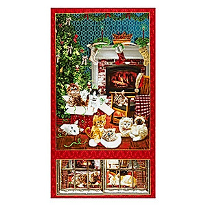 Henry Glass Fireside Kittens Kitten Banner 24in Panel Red Quilt Fabric