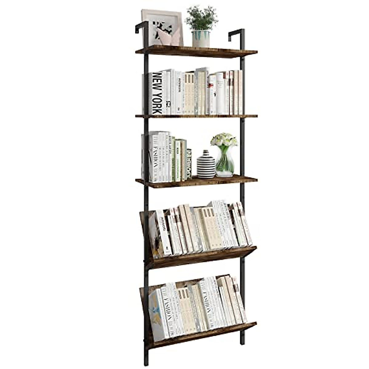 bukfen Ladder Bookshelf, 5 Shelf Modern Bookcase, Wall Mount Industrial Bookshelf, Open Wood Storage Shelves with Metal Frame for Bedroom Office, Rustic Brown