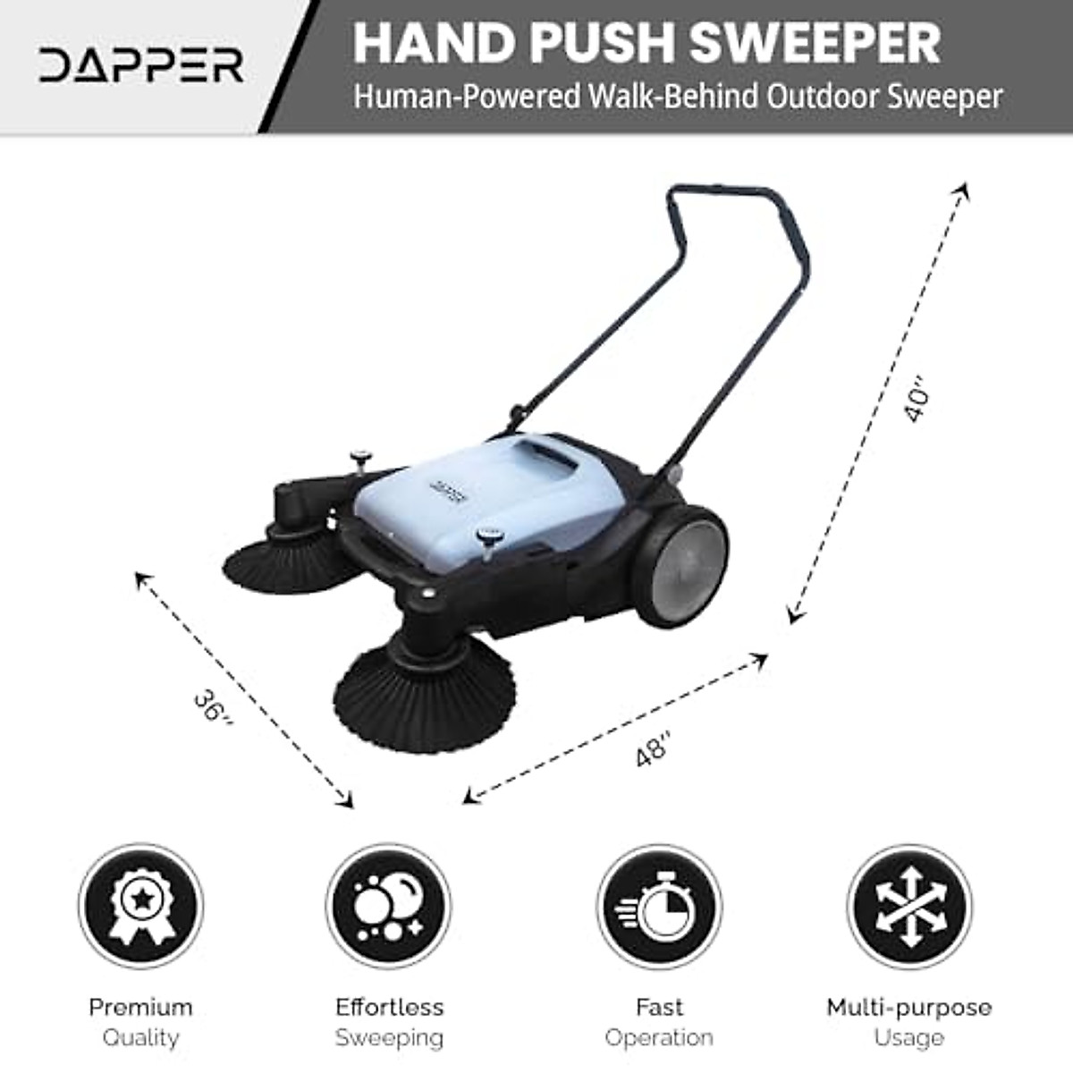 Dapper Supply Walk-Behind Outdoor Hand Push Floor Sweeper - 10.5 Gallon Capacity - 36" Sweeping Width - Sweeps up to 39,500 ft² / Hour, Grey