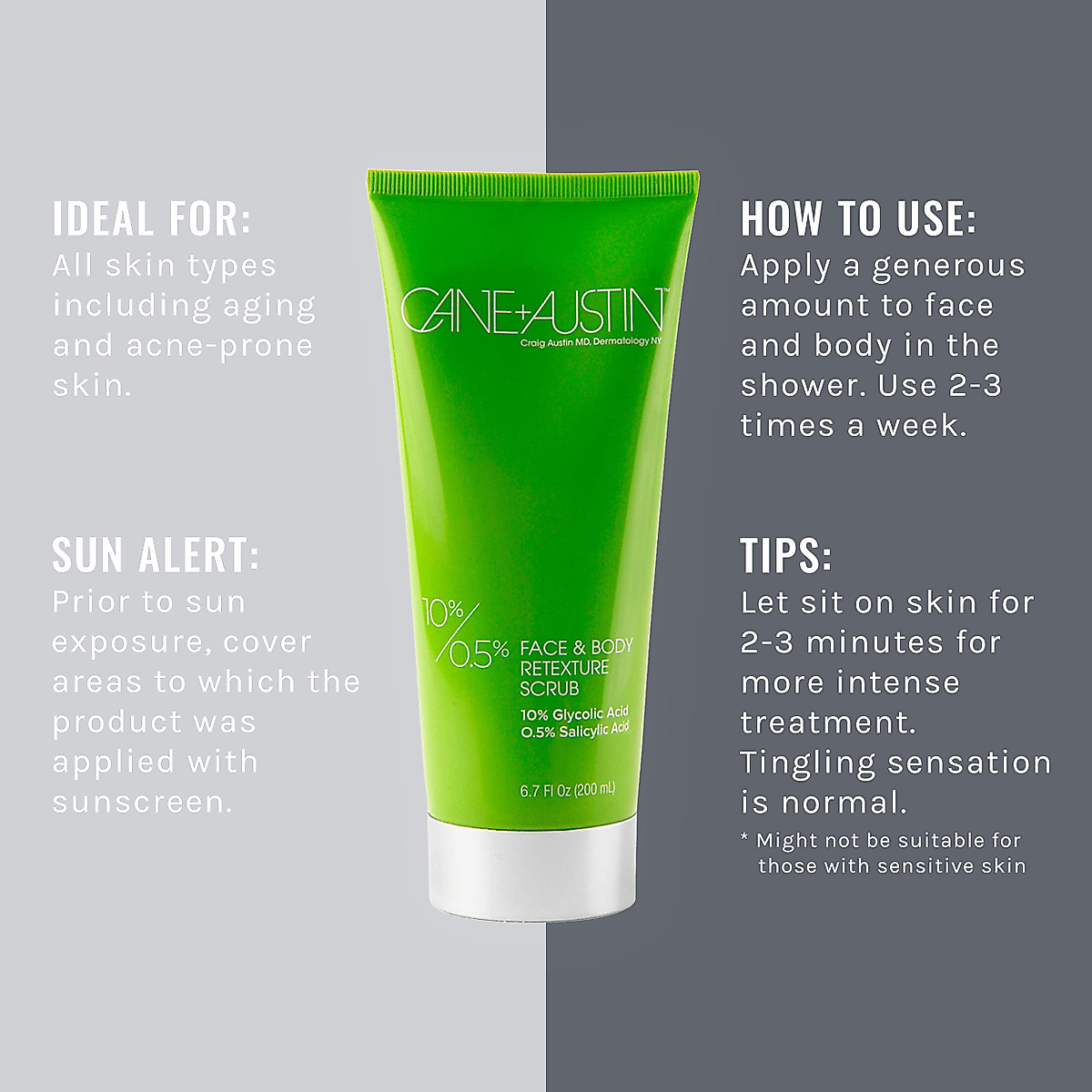 CANE + AUSTIN Face + Body Glycolic Acid Scrub Treatment, Exfoliating Cleanser with AHA to Hydrate, Smooth & Clarify Skin, For use on Combination and Oily Skin, 6.7 fluid ounce