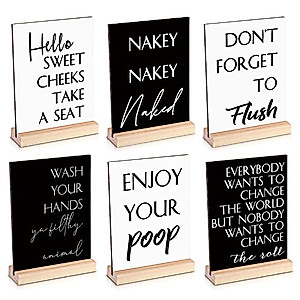 6 Pieces Funny Bathroom Signs Wooden Humor Sayings Restroom Decor Mini Bathroom Signs Decor with Base Stand Rustic Bathroom Farmhouse Decor for Home Shelf Bath Tiered Tray Table Housewarming Gifts