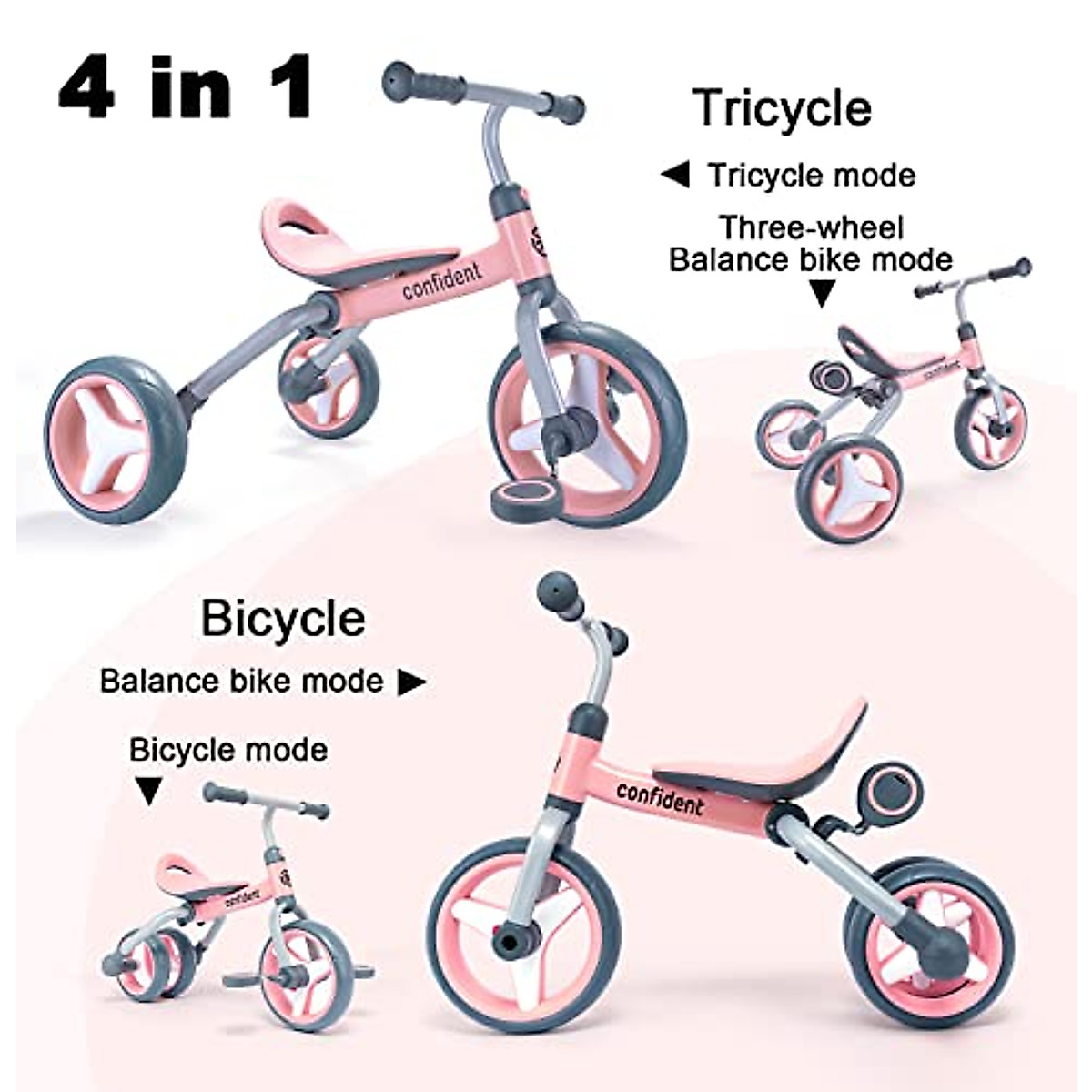 XIAPIA 4 in 1 Tricycle for Toddlers Age 2-5, Folding Toddler Bike& Toddler Tricycle& Baby Balance Bike with Adjustable Seat and Detachable Pedal, Ride-on Toys for 2 3 4 5 Years Old Boys Girls Birthday