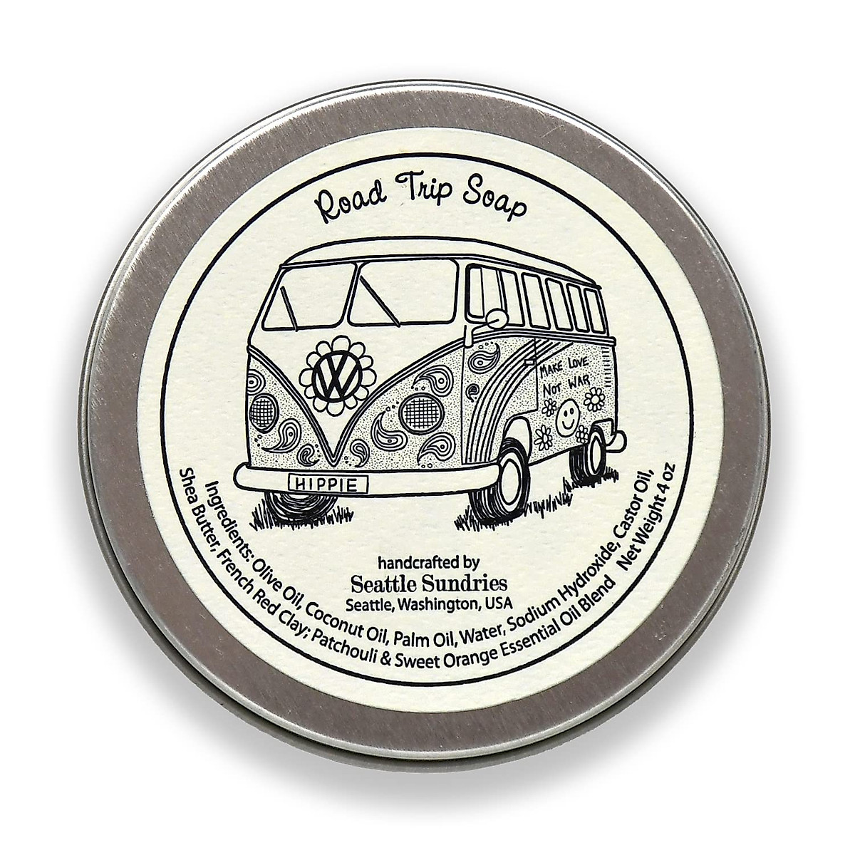 Seattle Sundries | Patchouli Soap Bar for Women & Men - 1 (4oz) Handmade Bar Soap in a Low Waste Travel Tin - Volkswagen Bus Gift.