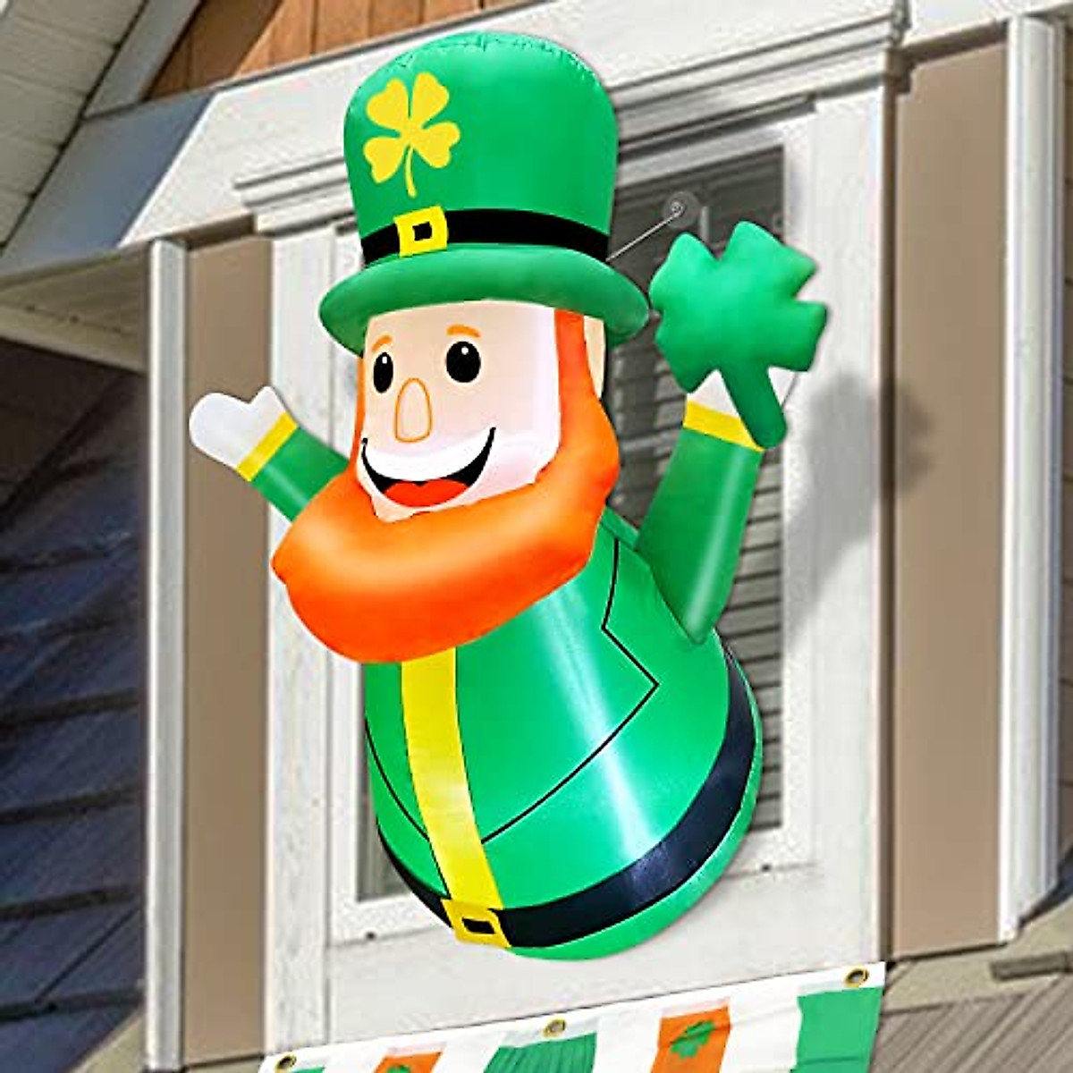 TURNMEON 3.5 Ft St. Patrick's Day Inflatable Decoration Outdoor Blow Up Leprechaun Holds Shamrocks Clover Lean Out from Window with LED Lights Irish St.Patrick's Day Decorations Yard Lawn Garden Party