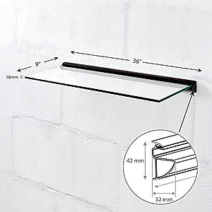 Deco Window 36" X 9" Tempered Glass Shelf for Wall Floating Shelves 8mm Thick Bathroom Storage Organizer with Concealed Mount (Black)