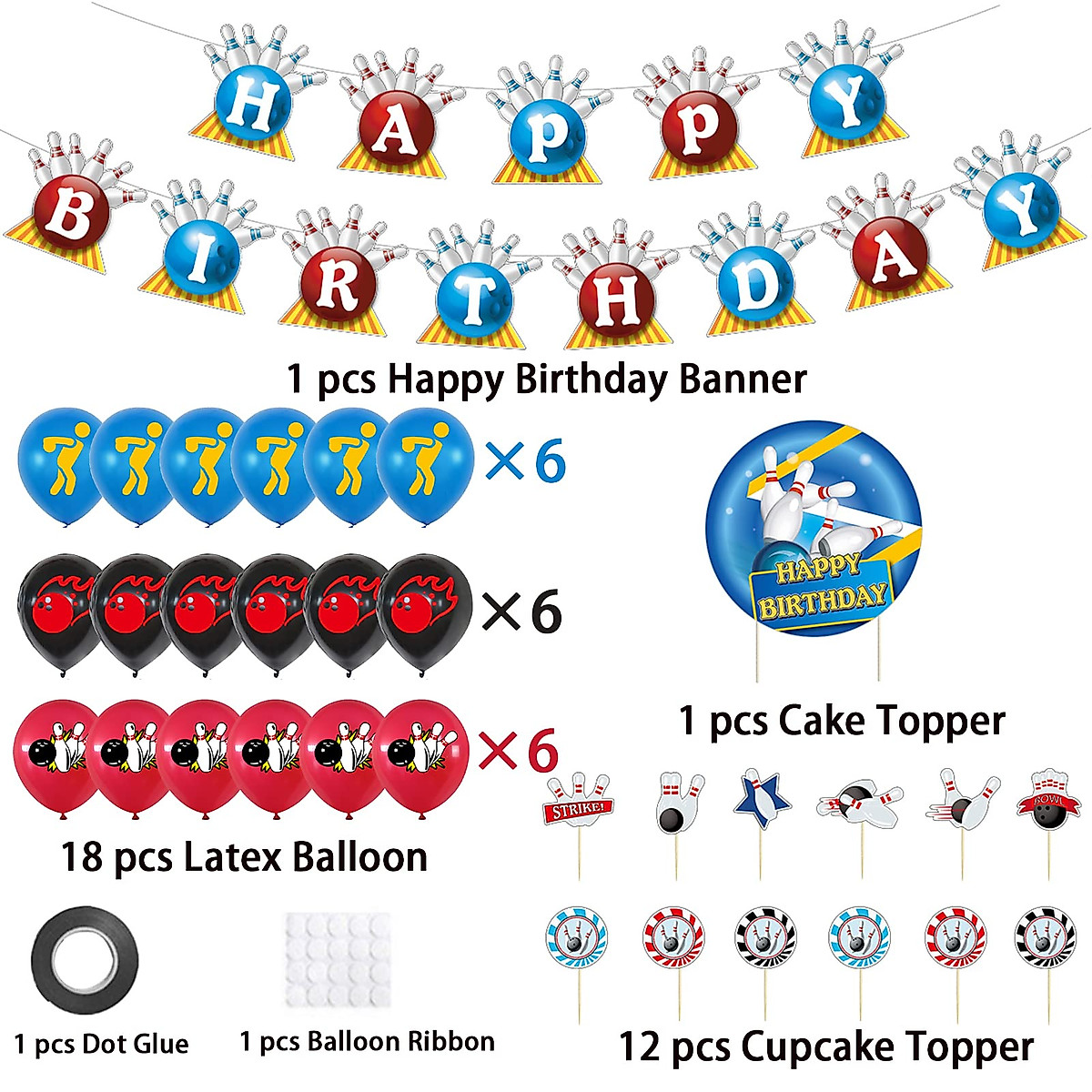 Bowling Theme Party Supplies Set Including Bowling Happy Birthday Banner, Bowling Cake & Cupcake Toppers, Bowling Balloons, Bowling Party Decorations for Kids Adults Teens