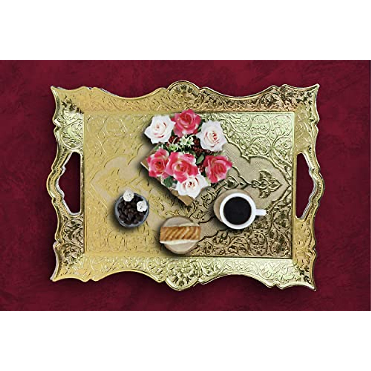 ChanceGift Turkish Tea Coffee Beverage Dinning Gold Serving Tray and Platters with Handled Ottoman Motif Decorative Middle Table Rectangular (16.1x11.6x1Inc) 40x29.5x2cm