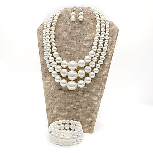 We Imitation Pearl Necklace for Women Large Chunky Pearl Necklaces Multilayer Pearl Necklace and Earring 1920s Costume Jewelry set (white pearl necklace set)
