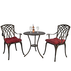 Polar Aurora 3 Piece Patio Bistro Set Cast Aluminum Bistro Table Set Outdoor Round Dining Table with Umbrella Hole for Porch, Lawn, Garden, Backyard, Pool,Bronze