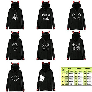 Women Teen Girls Cat Hoodie Sweatshirt Sweater Coats Cute Cat Ear Sleeping Cat Printed Pullover Long Sleeve Sweatshirt