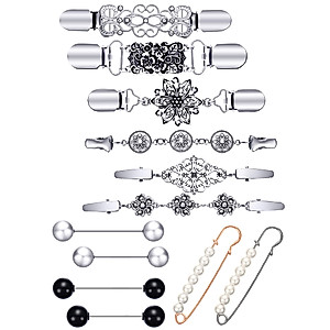 12 Pieces Vintage Sweater Shawl Clips Retro Cardigan Collar Clips Flower Pattern Shirt Dresses Clips Faux Pearl Brooch Pins for Women Girls (Stylish Design)