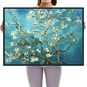 Pyradecor Black Framed Large Almond Blossom Famous Oil Paintings Reproduction Canvas Prints by Van Gogh Floral Pictures on Canvas Wall Art for Home Office Decorations