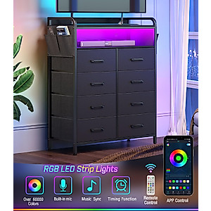 Rolanstar Dresser with Power Outlets and LED Lights, 8 Drawers Dresser with Side Pockets, Fabric Chest of Drawers with PU Finish, Tall Dresser with Sturdy Frame & Wood Top for Bedroom, Black