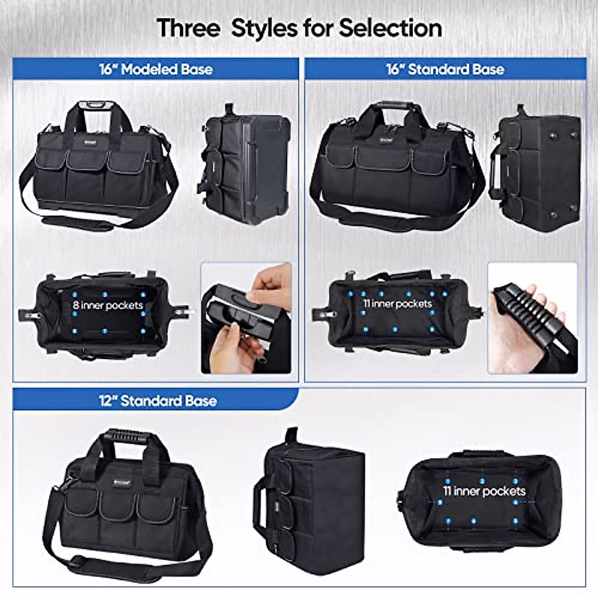 TICONN 16in Tool Bag with Waterproof Molded Bottom, Multi-Pockets Wide Mouth Tool Tote with Safety Reflective Straps, Adjustable Shoulder Strap