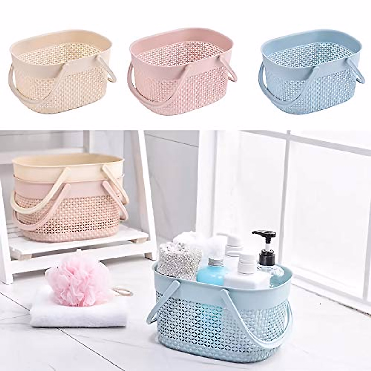 rejomiik Portable Shower Caddy Basket, Plastic Organizer Storage Tote with Handles Toiletry Bag Bin Box for Bathroom, College Dorm Room Essentials, Kitchen, Camp, Gym, Blue