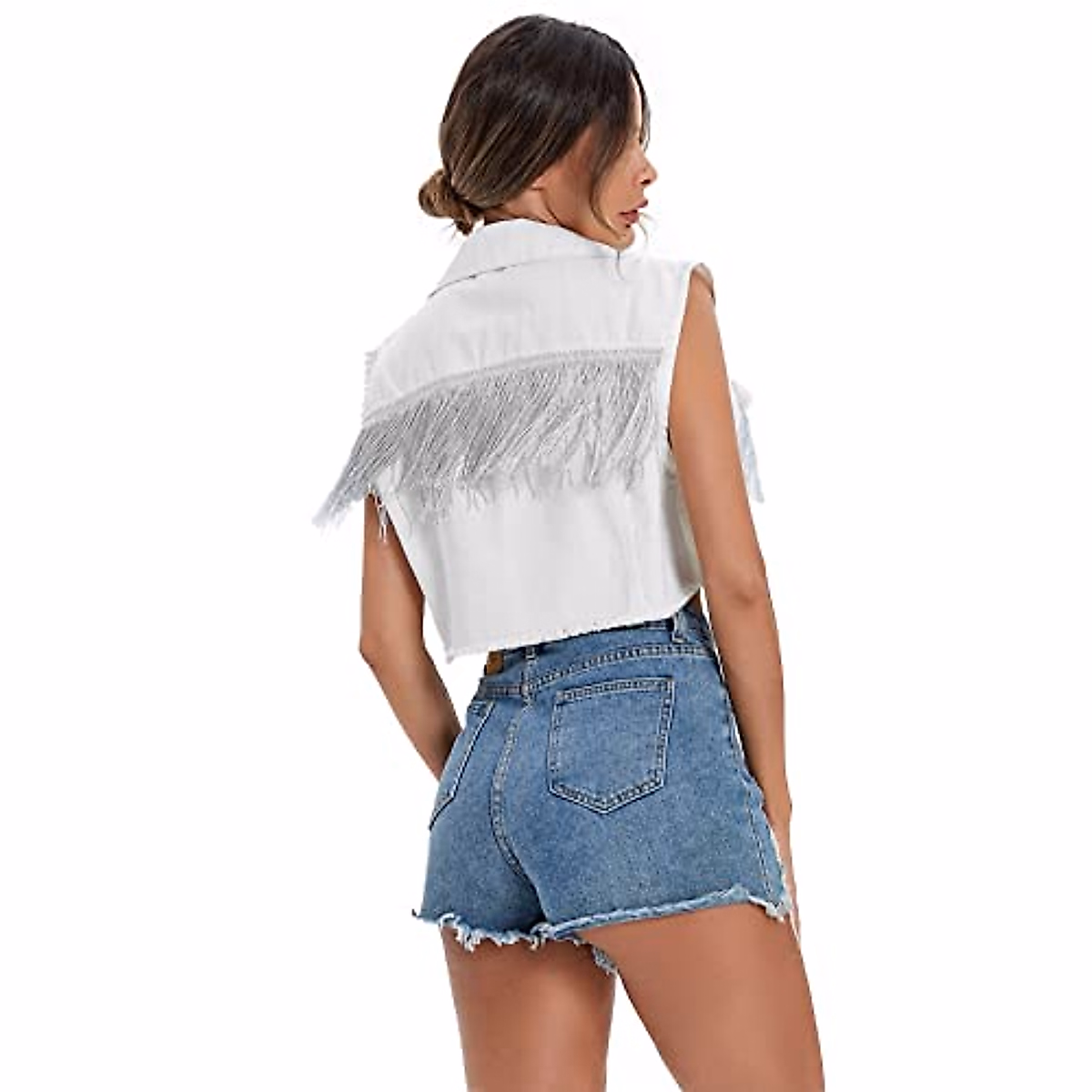 Verdusa Women's Fringe Raw Trim Sleeveless Denim Vest Jean Jacket Coat White S