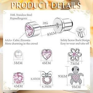 CASSIECA 20G Hypoallergenic Screwback Earrings for Teens Women Stainless Steel CZ Heart Flower Turtle Stud Earrings Jewelry Gift