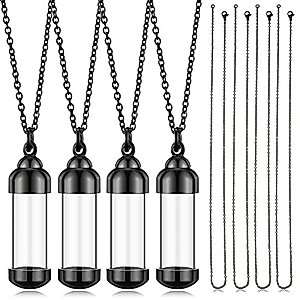 4 Vial Necklace Pendant Set Include 4 Stainless Steel Glass Openable Container Vial Tube Urn Keepsake Cremation Memorial Ashes Holder 4 Snake Chain Necklace for DIY Jewelry Making (Black)