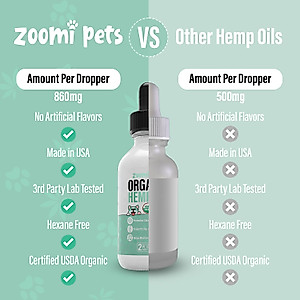 Zoomi Pets Calming Organic Hemp Oil for Dogs and Cats - Hemp Oil Drops with Omega Fatty Acids - Hip and Joint Support, Skin and Coat Health and Allergy Relief - Helps with Anxiety, Stress and Pain
