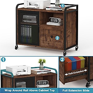 BON AUGURE Filing Cabinet for Home Office, Rolling Lateral File Cabinet with Storage, Wood Metal Printer Stand with Drawer Under Desk (Rustic Oak)