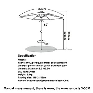 ZJDU 8.2 Ft Solar Powered Outdoor Market Patio Table Umbrella,Table Market Umbrella, 30 LED Lighted Patio Umbrella, with LED Lights and Tilt,for Garden, Deck, Backyard, Pool and Beach,Brown