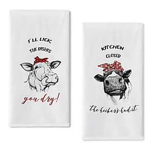 Seliem Funny Farm Cow Kitchen Dish Towel, Kitchen Closed The Heifers Had it I’ll Lick The Dishes You Dry Sign Tea Bar Hand Drying Cloth, Country Farmhouse Fun Animal Decor Home Decorations 18” x 26”