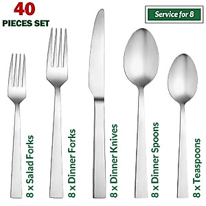40-Piece Matte Silverware Set, E-far Stainless Steel Flatware Set Service for 8, Metal Cutlery Eating Utensils Tableware Includes Forks/Spoons/Knives, Square Edge