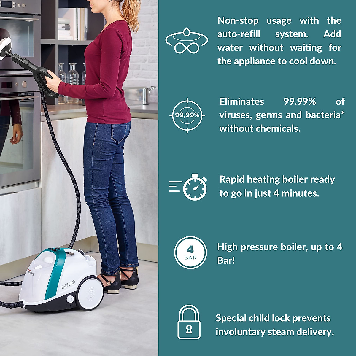 POLTI Vaporetto Smart 100 Steam Cleaner with Continuous Fill, Sanitize, Clean Floors, Carpets and Other Surfaces Adjustable High Power Steam Pressure Up to 58 PSI with 10 Accessories 2 Year Warranty