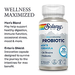 SOLARAY Mycrobiome Probiotic Men’s Formula, Probiotics for Men, Gut Health, Digestion, Immune Function & More, 20 Billion CFU Mens Probiotic, 24 Strains Plus Prebiotic, 30 Servings, 30 VegCaps