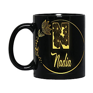 Coffee Mug Personalized Nadia Name & Initial Letter Monogram Floral Alphabet Mug Golden Flowers Custom Black Coffee Cup, Gift for Her Mom Coworker Sister, Wife, Girl 11oz Black Mug 954825
