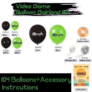 Video Game Balloon Garland & Arch Kit, 108Pcs Black Green Latex Balloons, 12inch 18inch Giant Balloons 16Ft Balloon Strip for Gaming Party Gamer Fan Birthday Decorations