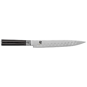 Shun Classic 9" Hollow Ground Slicing Knife, Handcrafted Japanese Meat Slicing Knife, Long and Thin Blade, VG-MAX Core with Damascus Stainless Steel Cladding, Pakkawood Handle