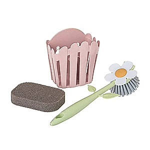 Vigar Florganic 3-piece Sink Caddy Set, Eco-friendly Daisy-shaped Dish Brush, Sponge and Fence-shaped Holder with Suction Cup, Pink