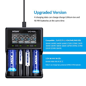 XTAR VC4SL Battery Charger,Included QC3.0 Adapter Charge Liion and Ni-MH Battery at a time 3A Fast Charger, 4 Bay Rechargeable Battery Charger 1.2V Ni-MH Package Not Included Any Battery