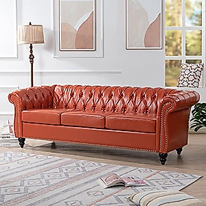 GEEVIVO 84.65" Large Sofa, Mid-Century PU Leather Sofa Modern Tufted Upholstered Futon Sofa Couch with Removable Cushion 3 Seater Scroll Arm Sleeper Sofa for Living Room/Bedroom/Apartment(Orange)