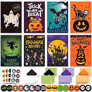 Decorably 24 Pack Happy Halloween Cards with Envelopes & Stickers - 8 Designs Blank Inside Halloween Cards and Envelopes, 4x6in Halloween Cards for Kids, Halloween Note Cards, Halloween Greeting Cards