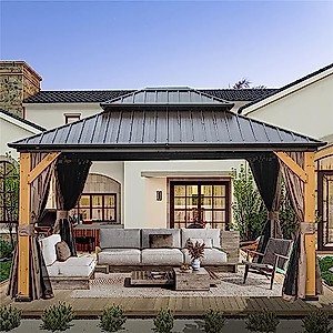 RITSU 12'x14' Gazebo, Hardtop Cedar Wood Frame Outdoor Canopy with Galvanized Steel Double Roof, Outdoor Permanent Metal Pavilion with Curtains and Netting for Patio, Backyard and Lawn, Brown