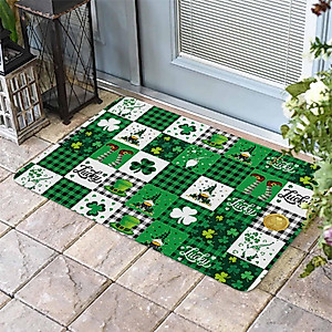 St Patrick's Day Doormat Rugs Outdoor/Indoor Lucky Shamrock Clover Gnomes Non-Slip Entrance Welcome Mat for Front Door/Kitchen/Bath/Bedroom/Patio/Entryway,16"x24", Green Buffalo Gingham Plaid