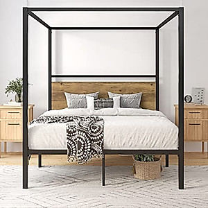 ikalido Queen Size Metal Canopy Bed Frame with Wooden Headboard, Classic Design Canopy Bed with 4 Sturdy Posters, Noise Free/No Box Spring Needed/Industrial Brown