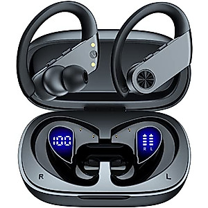 Bluetooth Headphones Wireless Earbuds 90H Playtime with 2200mAh Charging Case Dual Digital Display Ear Buds Waterproof Over Ear Earphones with Earhooks for Sport Workout Laptop TV Computer Phone Black