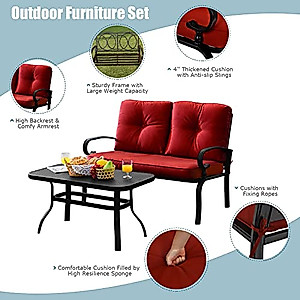 Tangkula Patio Loveseat with Table Set, 2 Seat Cushioned Sofa with Coffee Table, Patio Conversation Sofa Set with Rustproof Frame, 2 Pieces Outdoor Furniture Set for Garden, Poolside, Balcony (Red)